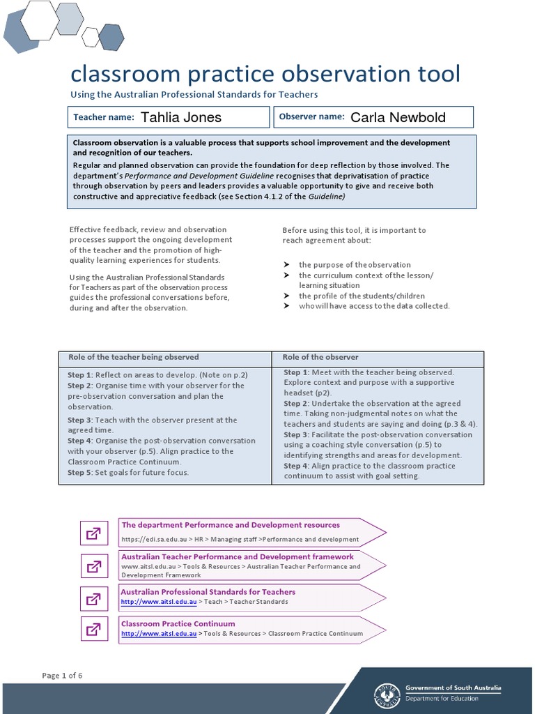 Dfe Classroom Practice Observation Tool Updated Carla Observation 19 ...