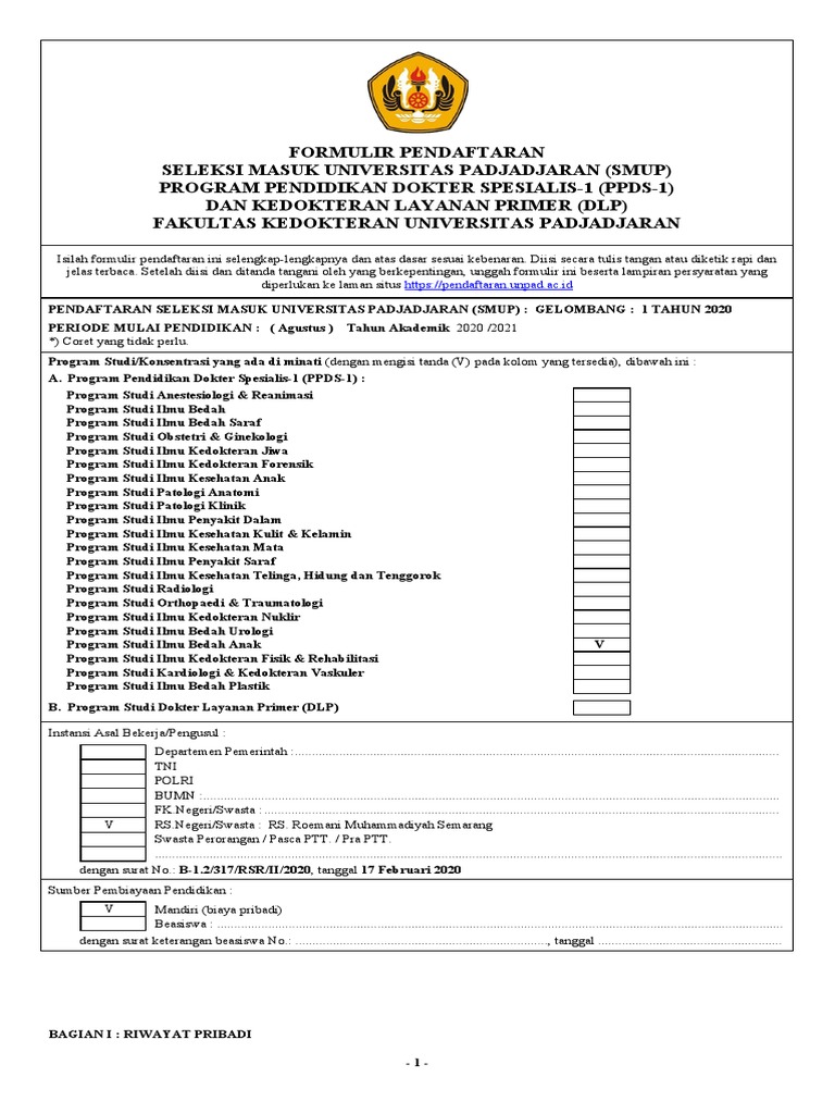 Pendaftaran Seleksi Masuk PPDS-1 Unpad | PDF