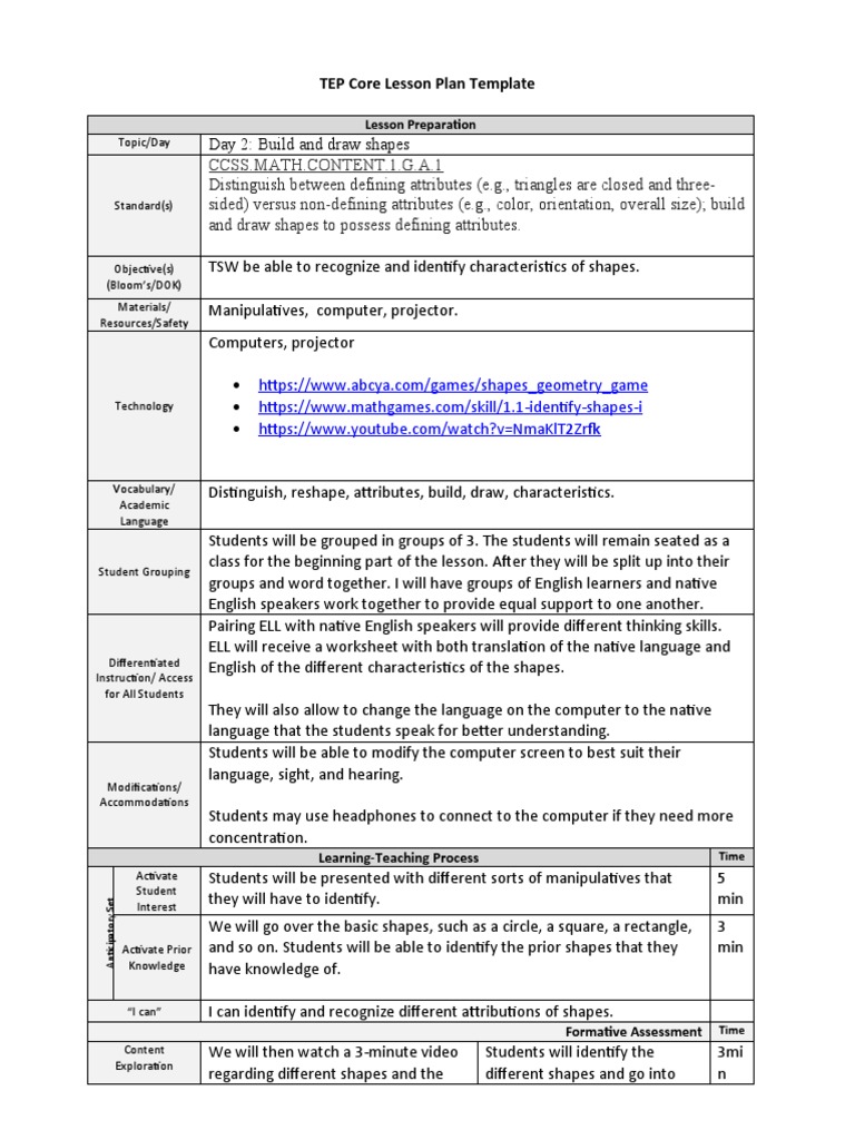 Tep Lesson Plan Template and Description - Technology | PDF | Lesson ...
