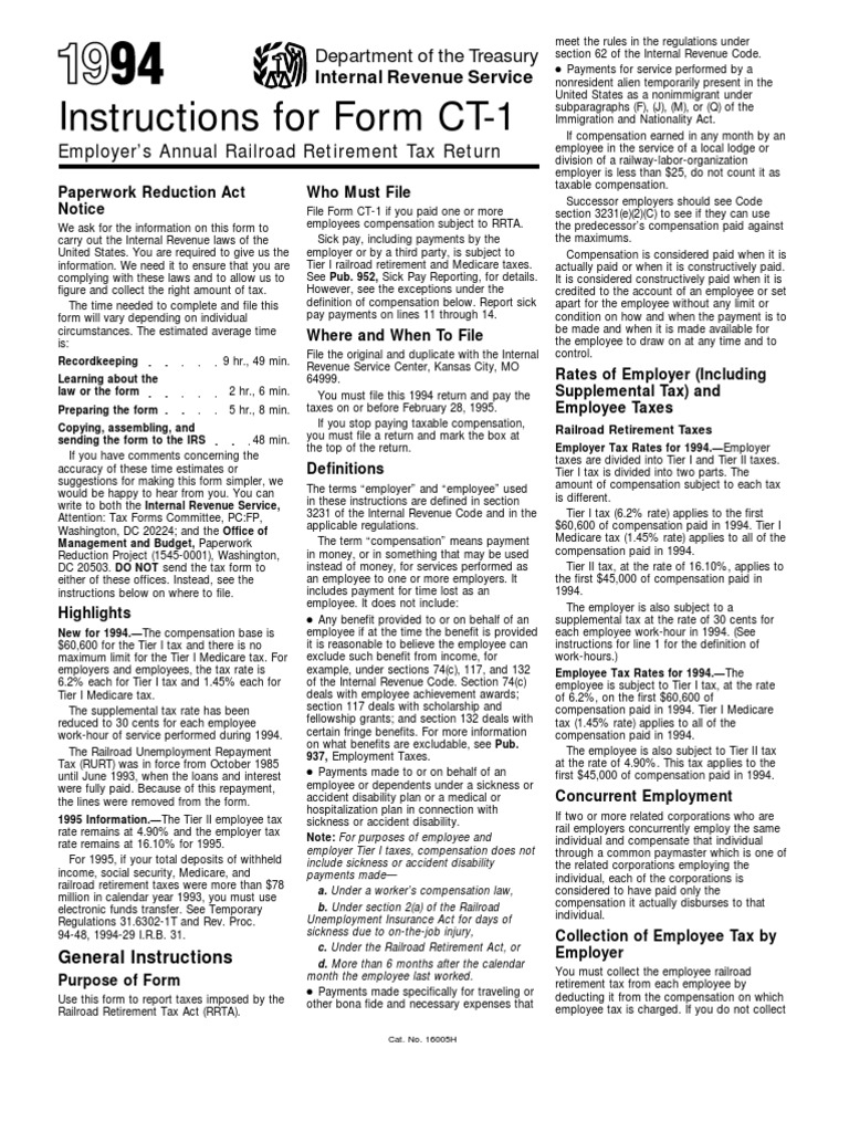 Instructions For Form CT-1: Internal Revenue Service | PDF | Internal ...