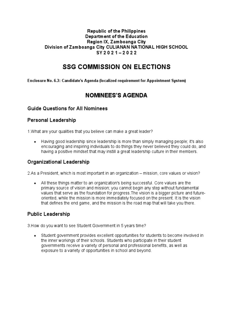 SSG Commission On Elections: Nominees'S Agenda | PDF | Leadership ...