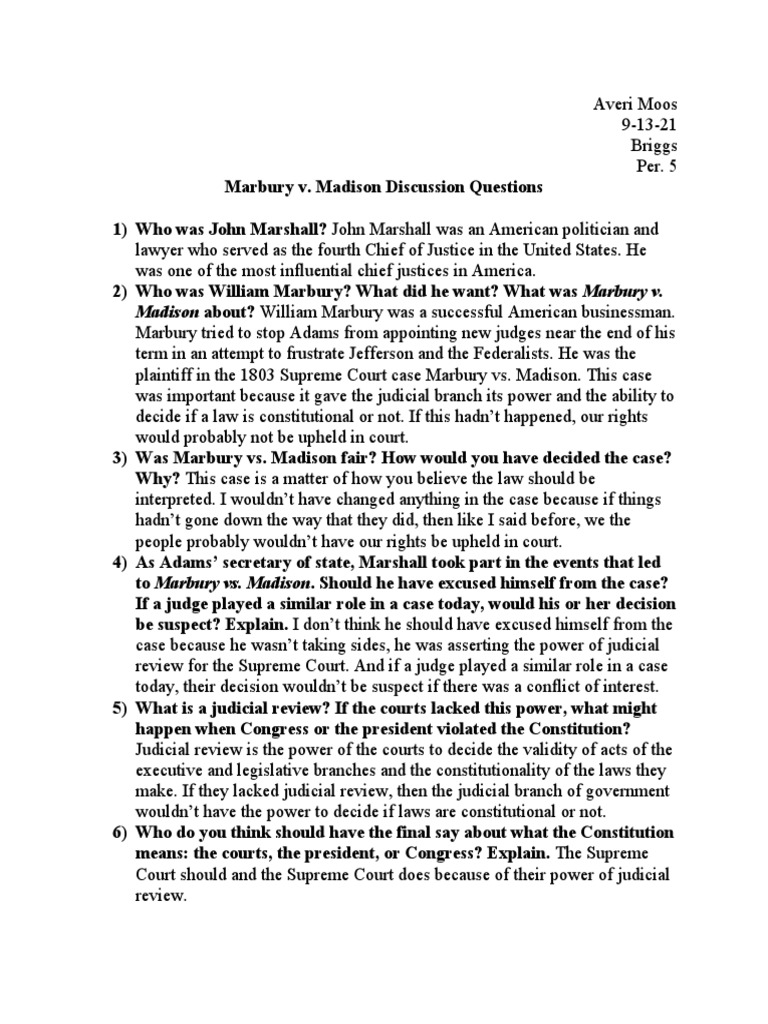 Marbury v. Madison Discussion Questions | PDF | Marbury V. Madison ...