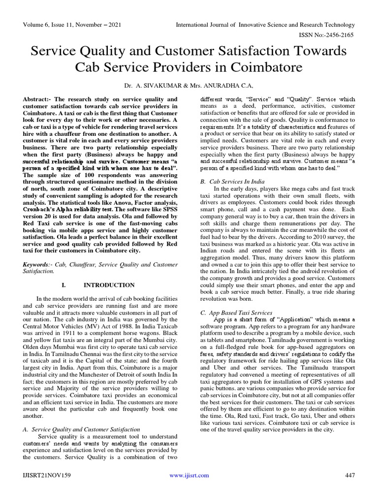 Service Quality and Customer Satisfaction Towards Cab Service Providers ...