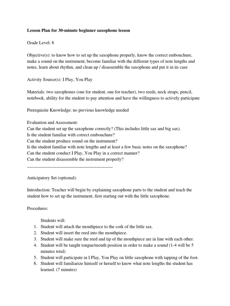 Lesson Plan For Beginner Saxophone Student | PDF | Saxophone | Lesson Plan