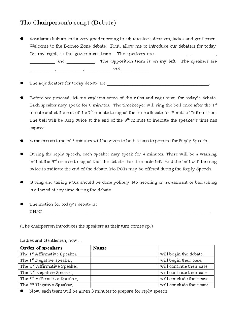 The Chairperson's Script (Debate) : Order of Speakers Name | PDF ...