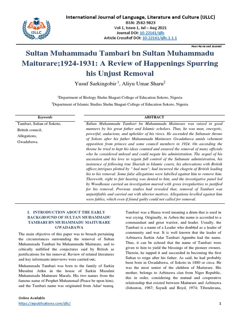 Sultan Muhammadu Tambari BN Sultan Muhammadu Maiturare 1924-1931: A ...