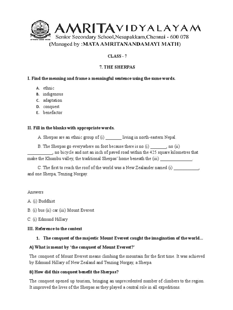 Class 7 Lesson 7. The Sherpas | PDF | Mount Everest | Noun