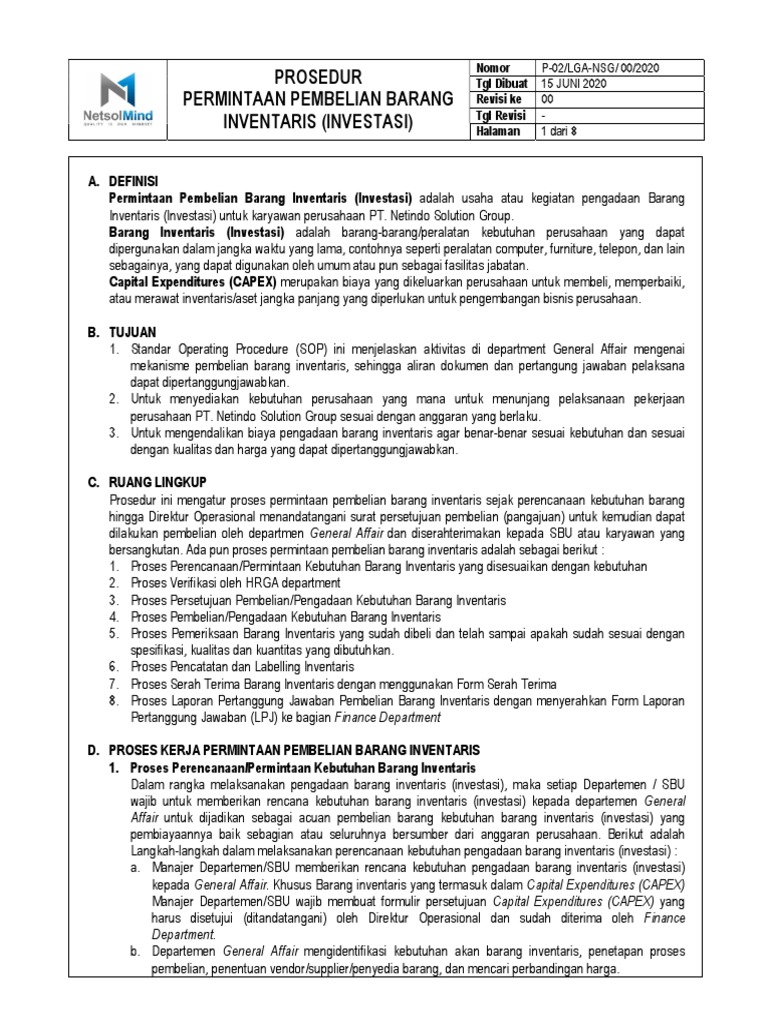 SOP Permintaan Pembelian Barang Inventaris | PDF