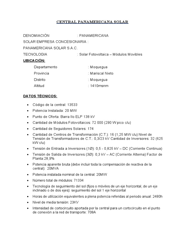 Central Panamericana y Tacna Solar | PDF | Energia electrica | Fotovoltaica