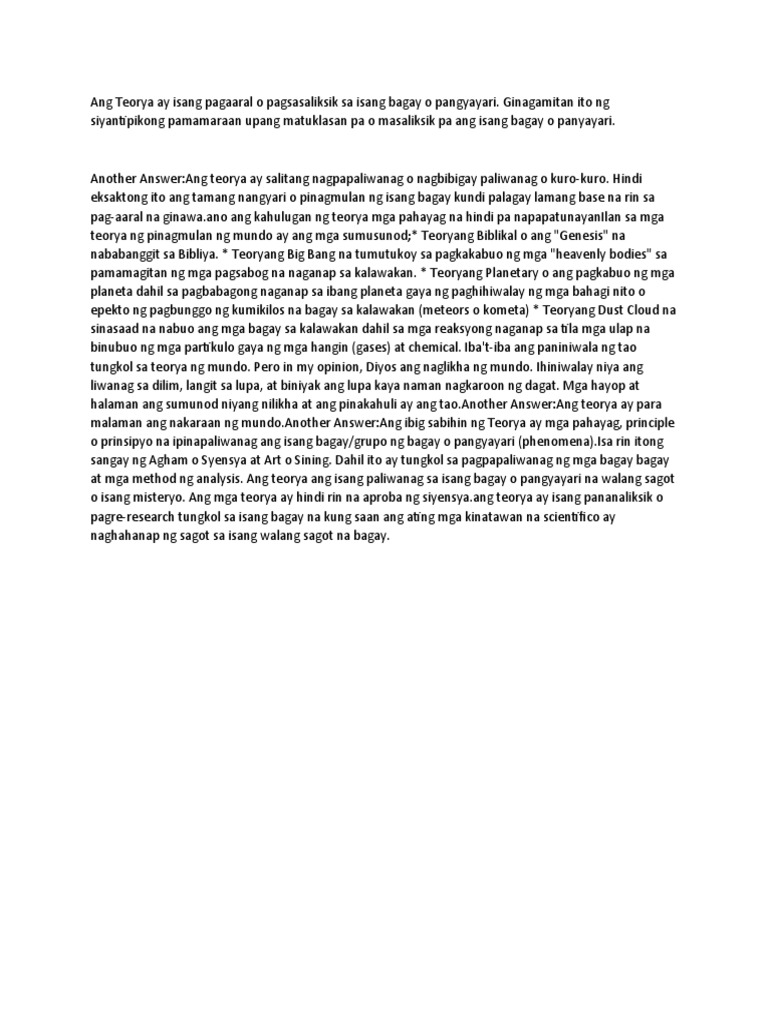 Ang Teorya Ay Isang Pagaaral o Pagsasaliksik Sa Isang Bagay o ...