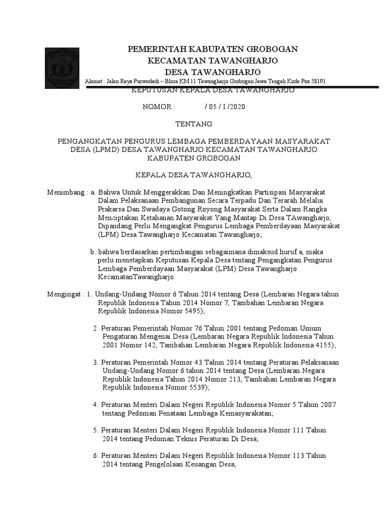 Pengangkatan Pengurus LPMD Tawangharjo | PDF | Memasak, Makanan, & Anggur