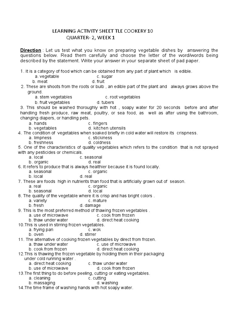 Learning Activity Sheet Cookery 10 q.2 Week1 | PDF | Foods | Vegetables