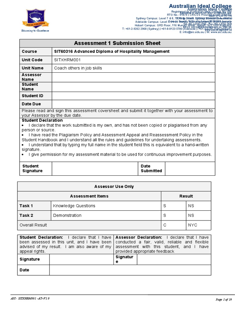 Assessment 1 Submission Sheet: Australian Ideal College | PDF ...