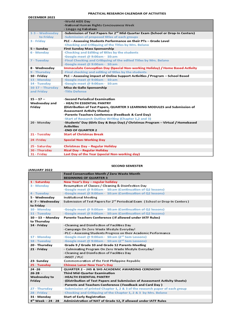 Practical Research Calendar of Activities | PDF | Academic Term