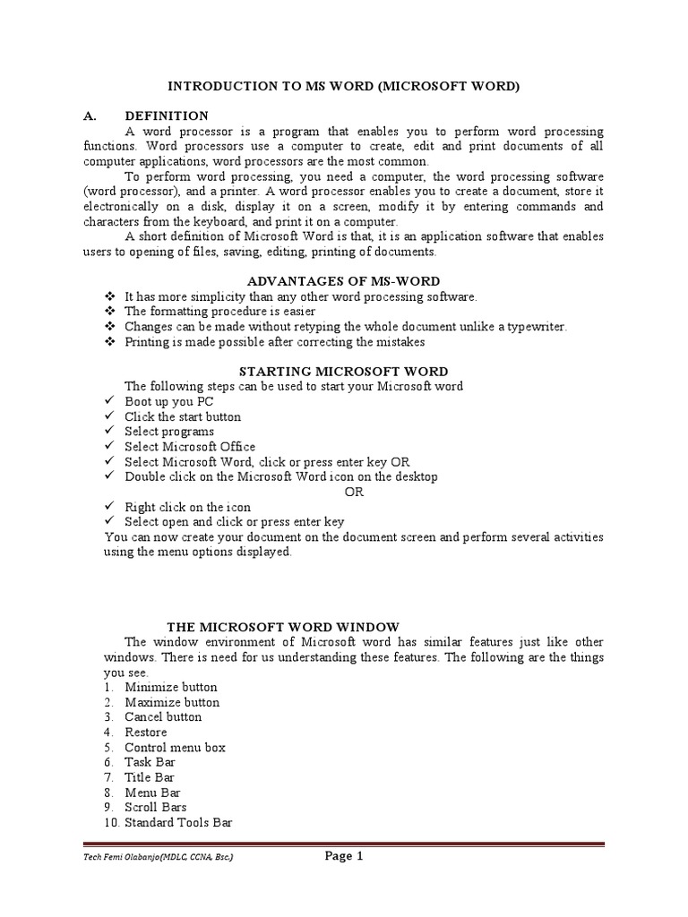 Introduction To MS Word | PDF | Word Processor | Microsoft Word