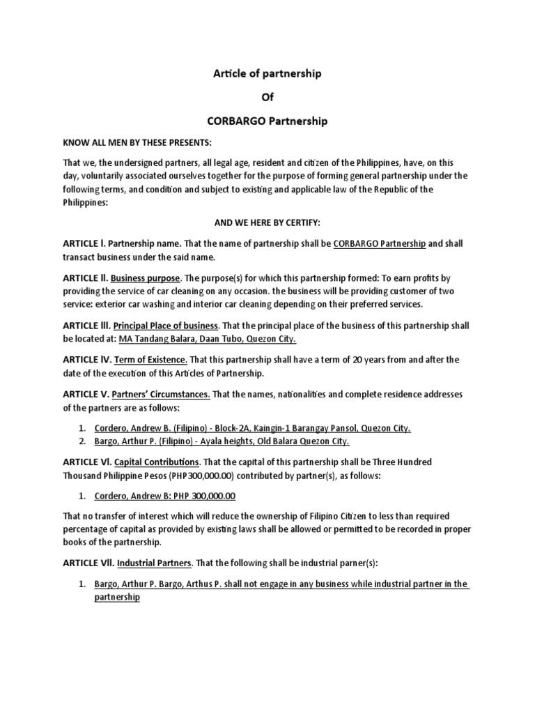 Article of Partnership | PDF | Partnership | Justice