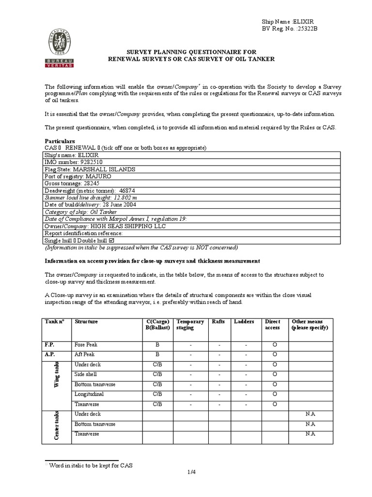 Survey Planning Questionnaire For Oil Tanker - CAS | PDF | Oil Tanker ...