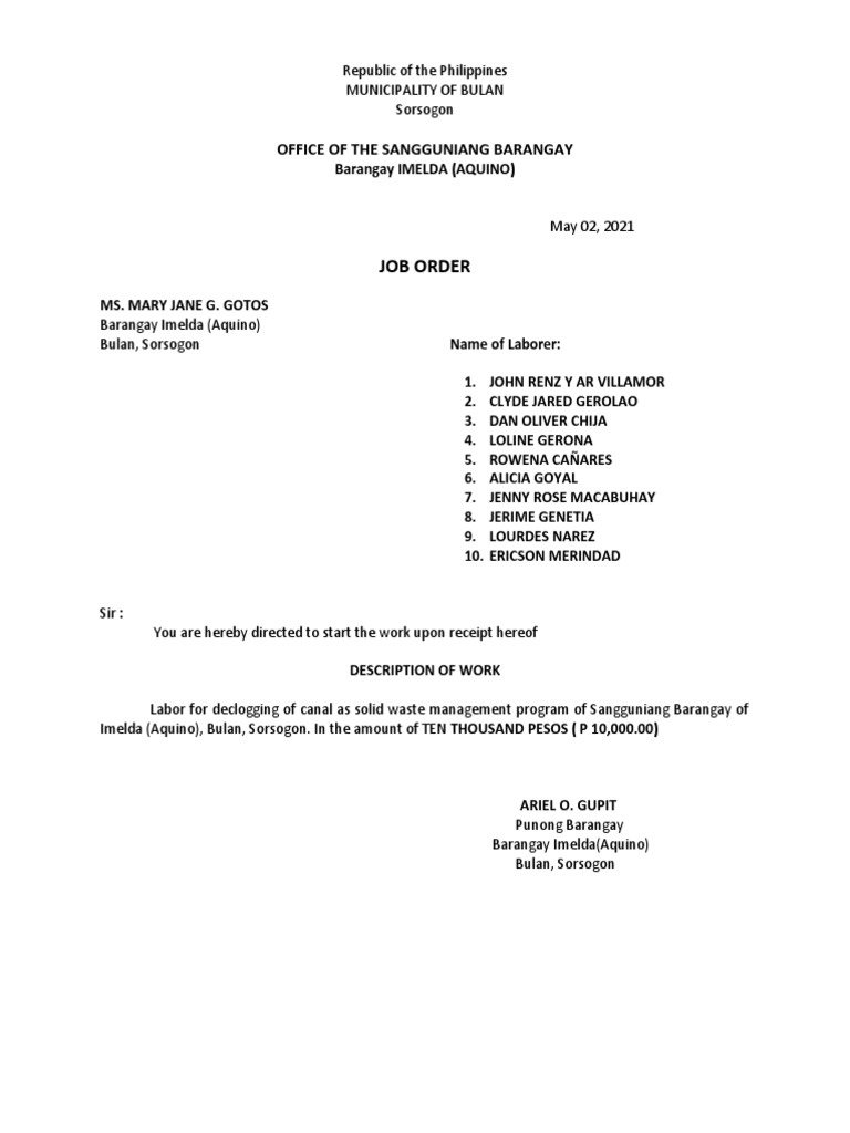 Job Orders for Community Clean-Up Projects in Multiple Barangays of ...