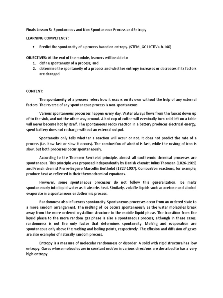 Lesson 5 - Spontaneous and Non-Spontaneous Process and Entropy | PDF ...