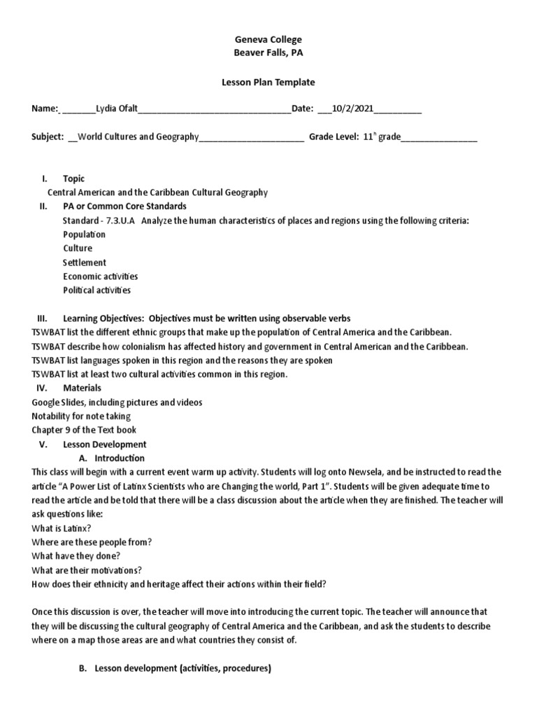 Geneva College Beaver Falls, PA Lesson Plan Template | PDF | Teachers ...