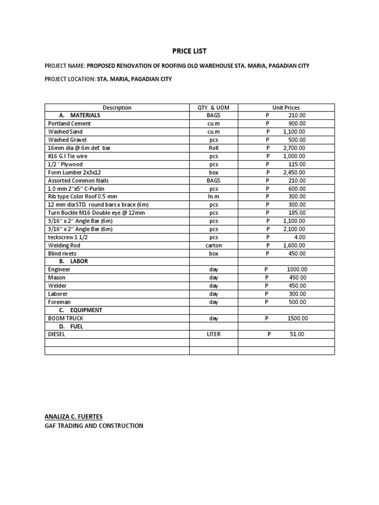 Price List: A. Materials | PDF | Building Engineering | Materials