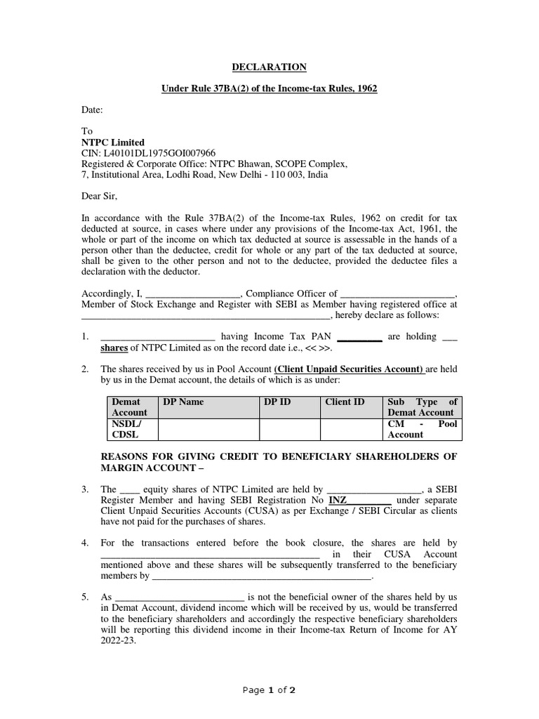Annexure J TDS Declaration Format Under Rule 37BA | PDF | Dividend ...