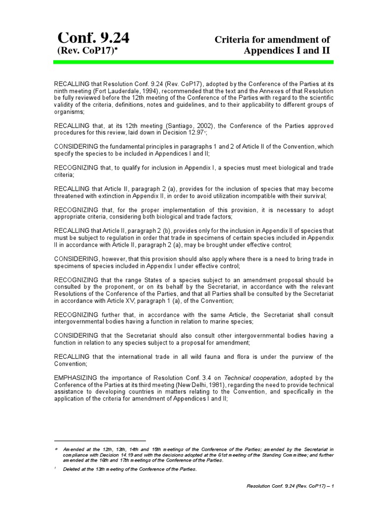 Conf. 9.24: (Rev. Cop17) Criteria For Amendment of Appendices I and Ii ...