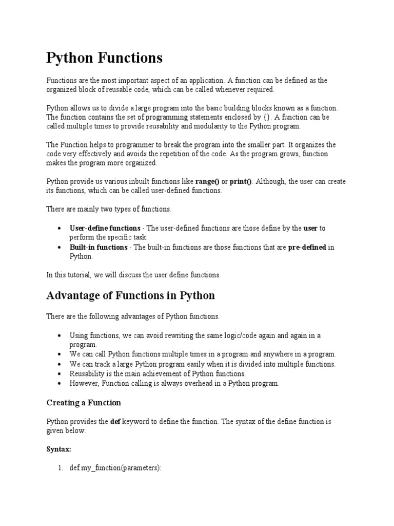 Advantage of Functions in Python | PDF | Anonymous Function | Parameter ...