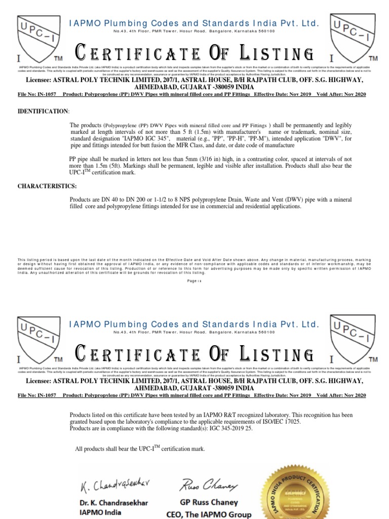 IAPMO India Certification for PP DWV Pipes | PDF | Quality Assurance ...