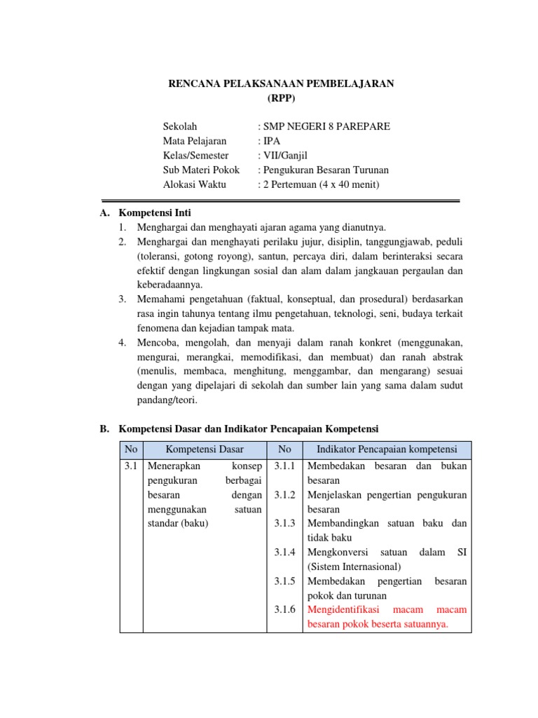 RPP Fisika Kelas 7 Semester 1 | PDF