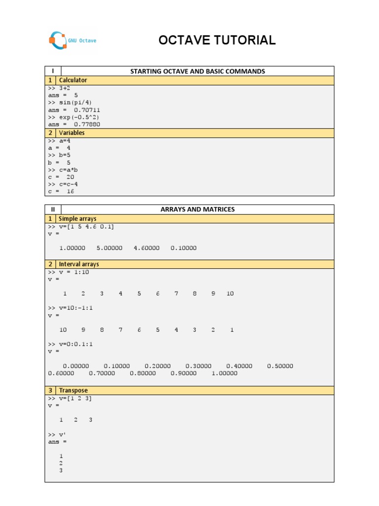 Octave Tutorial Starting Octave And Basic Commands Pdf Matrix Mathematics Mathematics