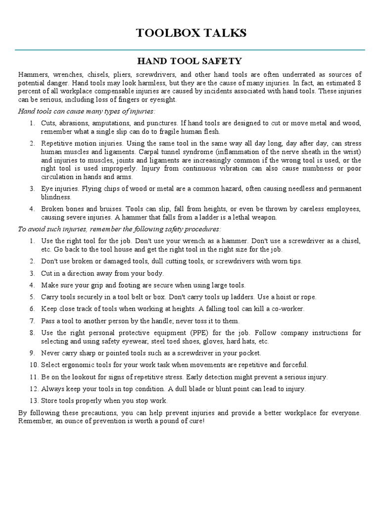 Toolbox Talks: Hand Tool Safety | PDF | Hand | Tools
