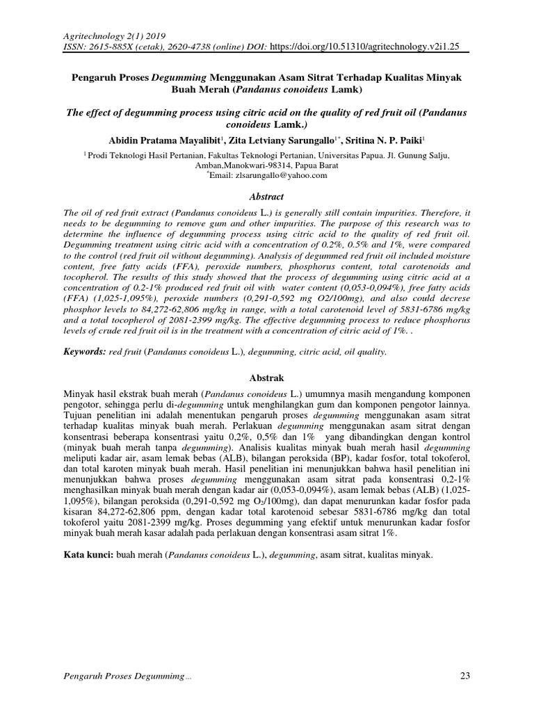 The Effect of Degumming Process Using Citric Acid On The Quality of Red ...