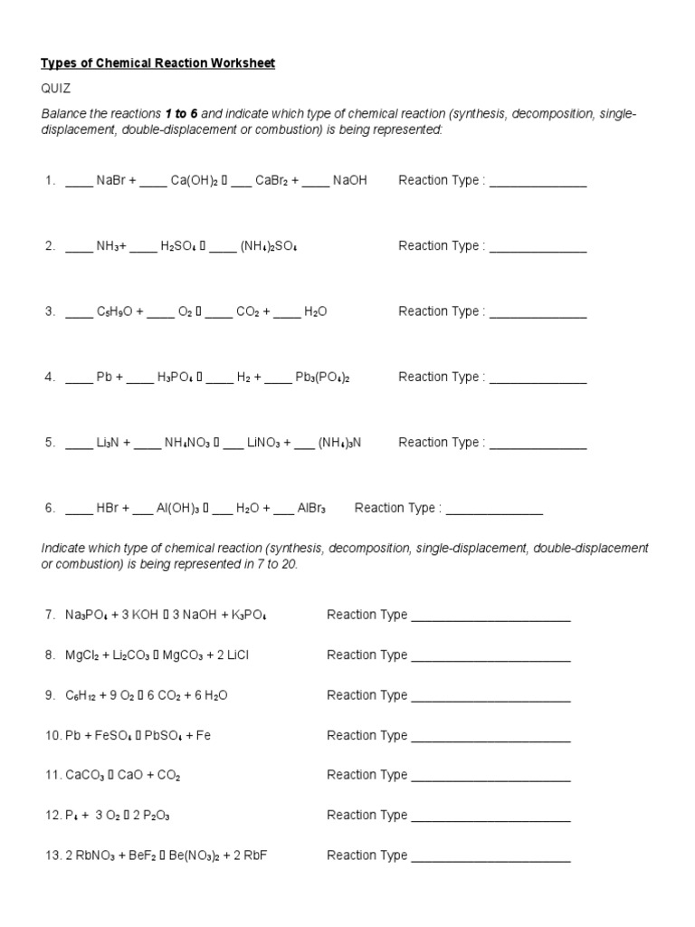 Chemical Reactions Types Worksheet | PDF | Chemical Compounds ...
