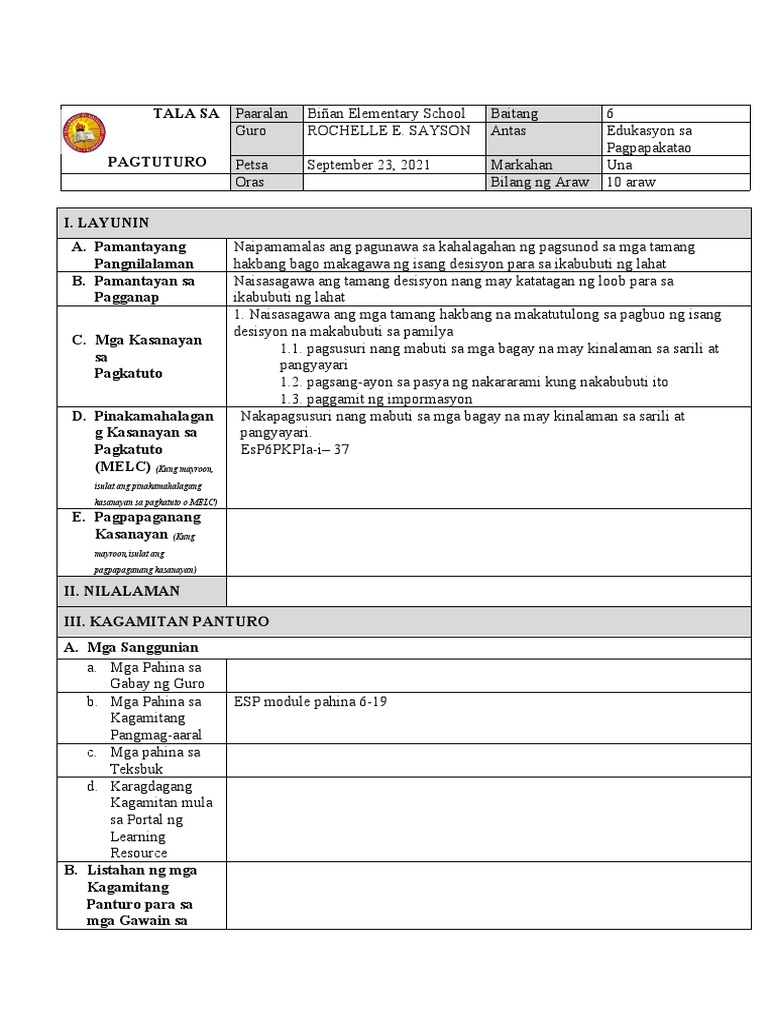 Edukasyon Sa Pagpapakatao (ESP) 6 Q1W1-2 | PDF