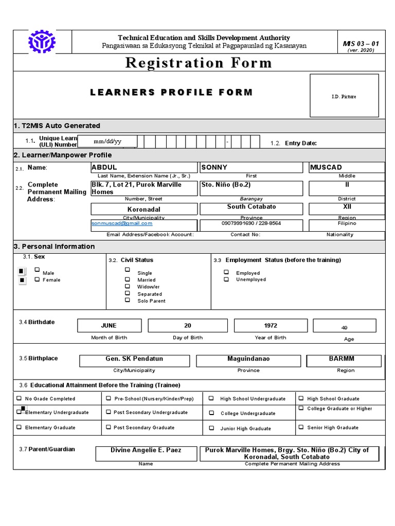 TESDA Registration Form Overview | PDF