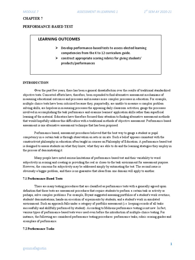 Learning Outcomes: Performance-Based Test | Download Free PDF | Rubric ...