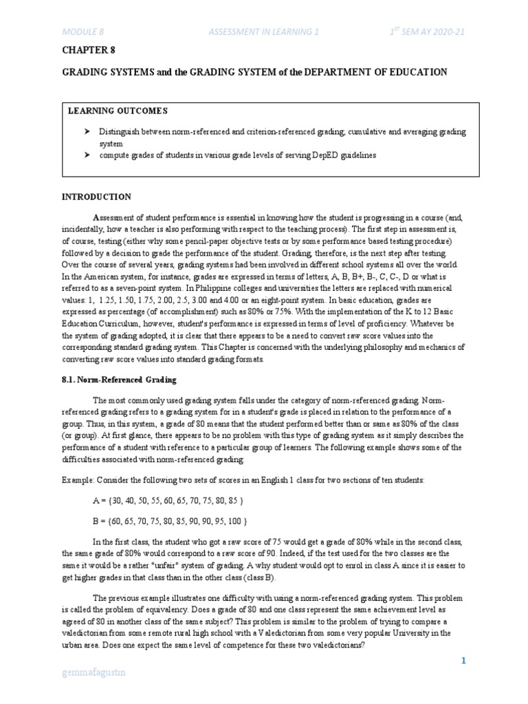 Grading Systems and The Grading System of The Department of Education ...