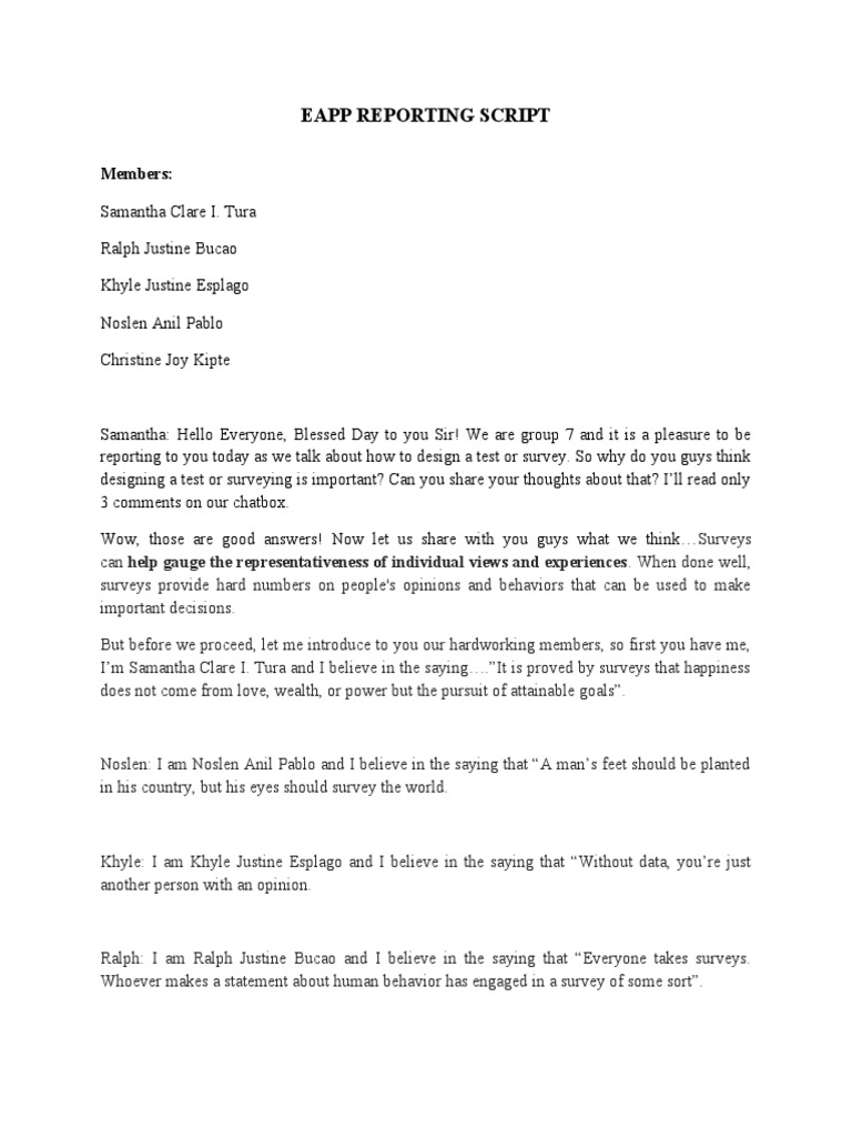 Eapp Reporting Script: Members | PDF | Questionnaire | Question