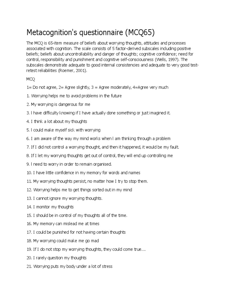 Metacognitions Questionnaire Mcq65 Pdf Thought Metacognition