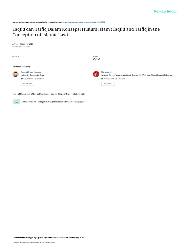Taqlid Dan Talfiq Dalam Konsepsi Hukum Islam (Taqlid and Talfiq in The ...