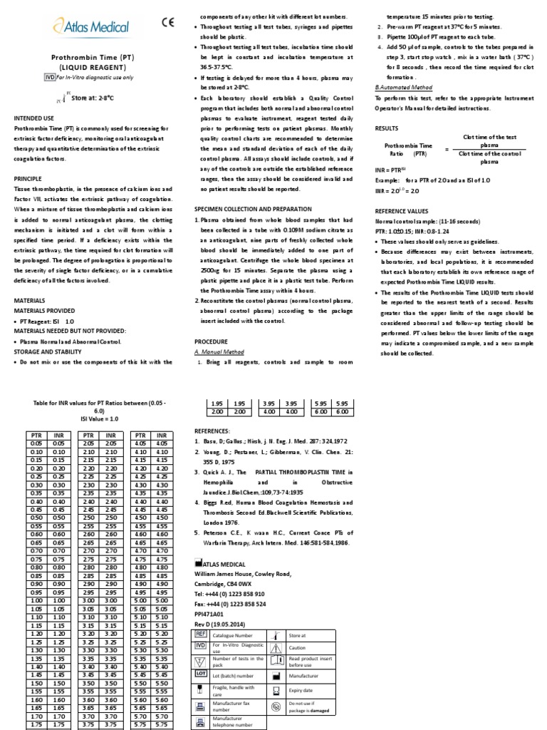 Prothrombin Time (PT) (Liquid Reagent) : Store At: 2-8°C | PDF ...