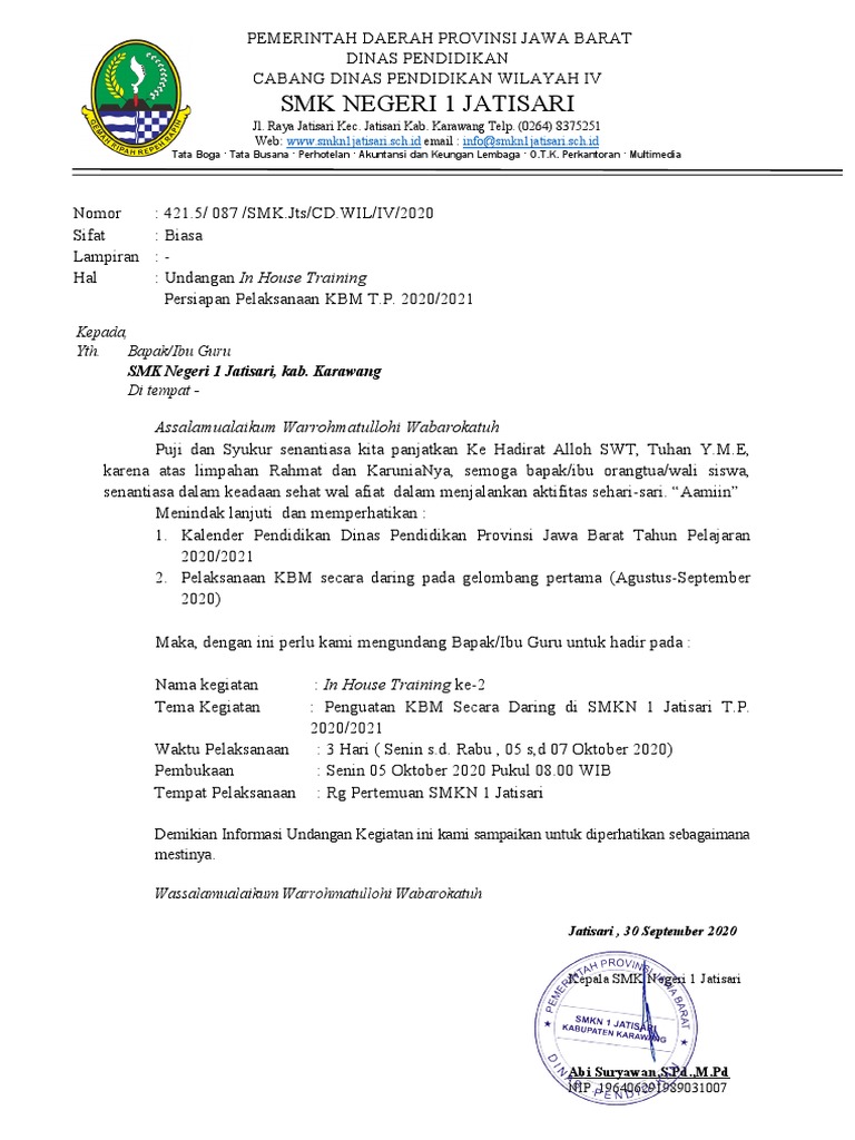 Undangan In House Training SMK Jatisari | PDF