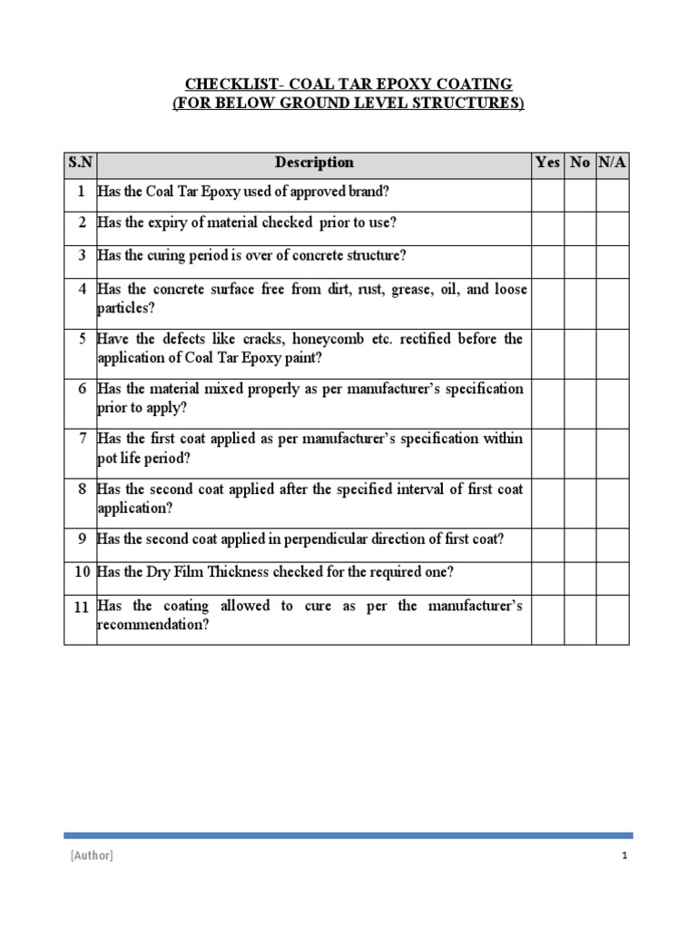 Checklist-Coal Tar Epoxy Coating | PDF
