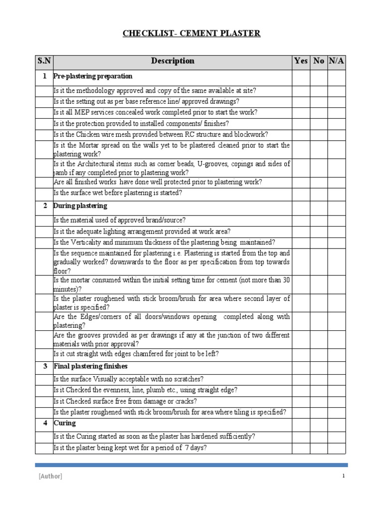 Checklist-Cement Plaster S.N Description Yes No N/A: 1 Pre-Plastering ...