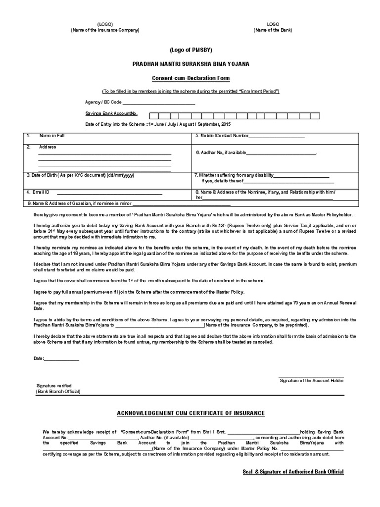 (Logo of PMSBY) Pradhan Mantri Suraksha Bima Yojana Consent-cum ...