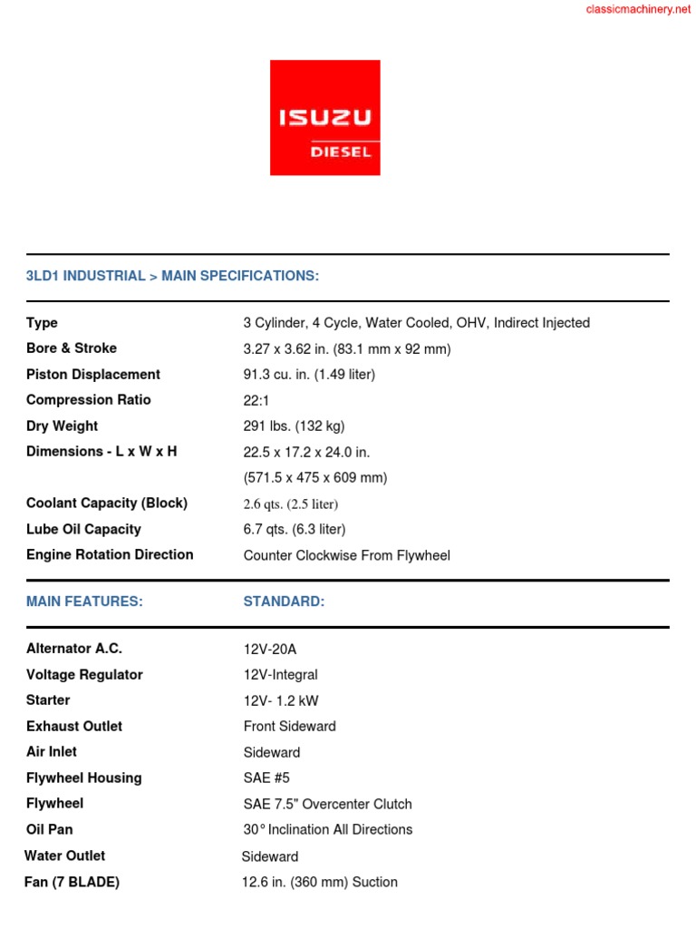 Isuzu 3LD1 Diesel Motor Specifications | PDF | Horsepower | Engines