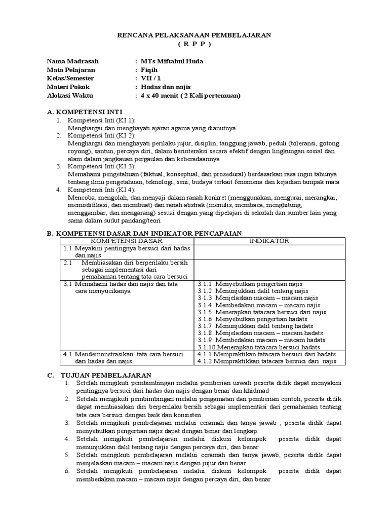 RPP Fikih 7 - Hadas Dan Najis | PDF