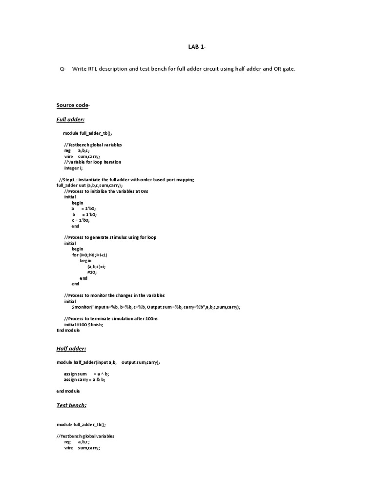 Q-Write RTL Description and Test Bench For Full Adder Circuit Using ...