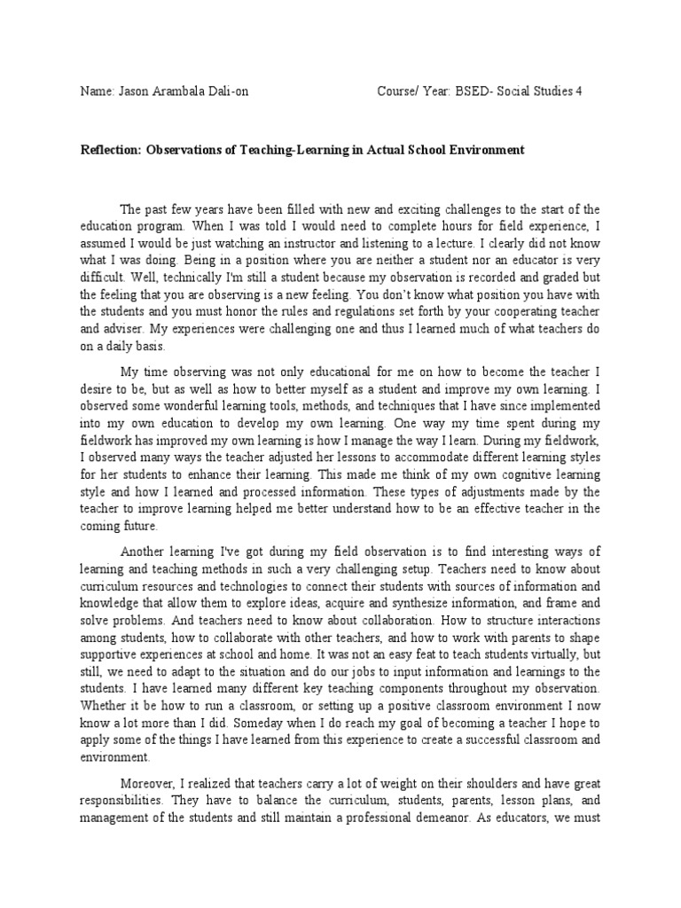 Fs1 Overall Reflection Dali On | PDF | Teachers | Learning